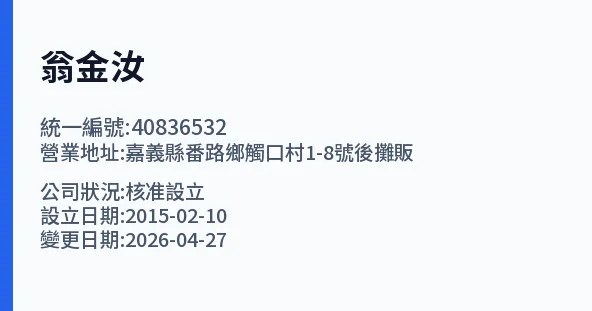 翁金汝的照片-統編 40836532(嘉義縣) 公司登記資料與營業項目詳細圖表