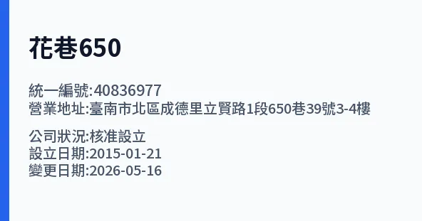 花巷650的照片-統編 40836977(臺南市) 公司登記資料與營業項目詳細圖表