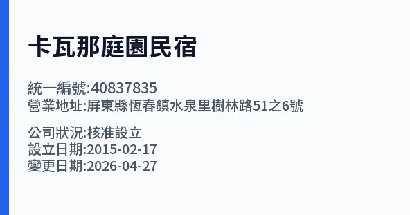 卡瓦那庭園民宿的照片-統編 40837835(屏東縣) 公司登記資料與營業項目詳細圖表