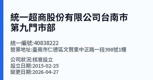 統一超商股份有限公司台南市第九門市部的照片-統編 40838222(臺南市) 公司登記資料與營業項目詳細圖表
