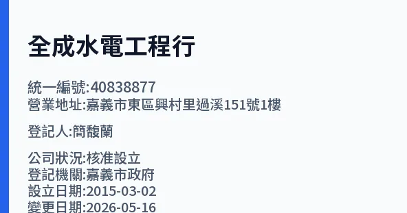 全成水電工程行的照片-統編 40838877(嘉義市) 公司登記資料與營業項目詳細圖表