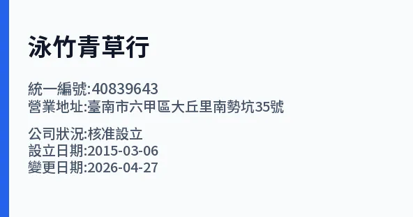 泳竹青草行的照片-統編 40839643(臺南市) 公司登記資料與營業項目詳細圖表