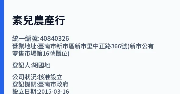 素兒農產行的照片-統編 40840326(臺南市) 公司登記資料與營業項目詳細圖表