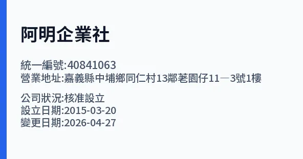 阿明企業社的照片-統編 40841063(嘉義縣) 公司登記資料與營業項目詳細圖表