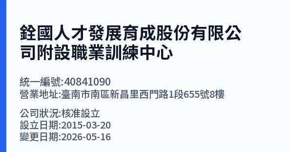 銓國人才發展育成股份有限公司附設職業訓練中心的照片-統編 40841090(臺南市) 公司登記資料與營業項目詳細圖表