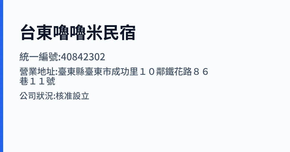 台東嚕嚕米民宿 - 統編 40842302(臺東縣) 公司登記資料與營業項目詳細圖表