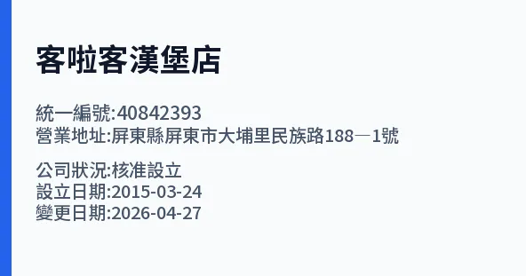 客啦客漢堡店的照片-統編 40842393(屏東縣) 公司登記資料與營業項目詳細圖表