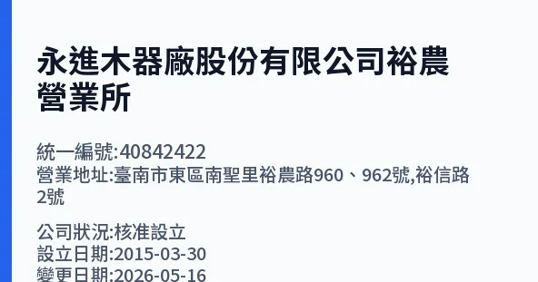 永進木器廠股份有限公司裕農營業所的照片-統編 40842422(臺南市) 公司登記資料與營業項目詳細圖表
