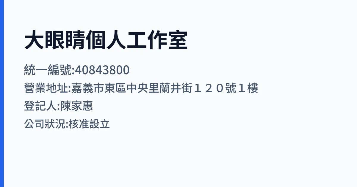大眼睛個人工作室 - 統編 40843800(嘉義市) 公司登記資料與營業項目詳細圖表
