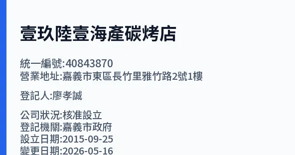 壹玖陸壹海產碳烤店的照片-統編 40843870(嘉義市) 公司登記資料與營業項目詳細圖表