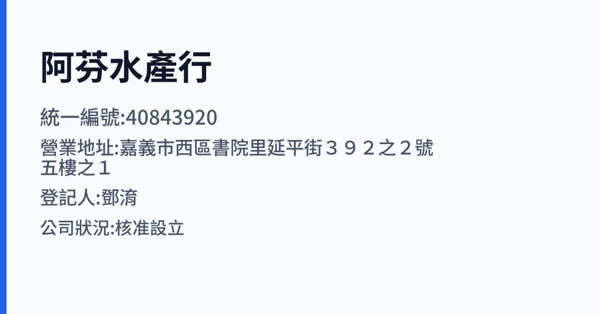 阿芬水產行 - 統編 40843920(嘉義市) 公司登記資料與營業項目詳細圖表