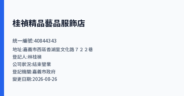 桂禎精品藝品服飾店的照片-統編 40844343(嘉義市) 公司登記資料與營業項目詳細圖表
