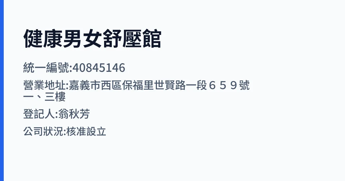 健康男女舒壓館 - 統編 40845146(嘉義市) 公司登記資料與營業項目詳細圖表