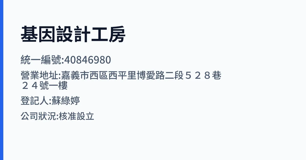 基因設計工房 - 統編 40846980(嘉義市) 公司登記資料與營業項目詳細圖表