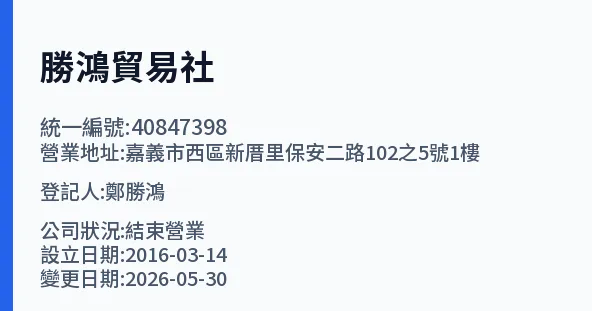勝鴻貿易社的照片-統編 40847398(嘉義市) 公司登記資料與營業項目詳細圖表