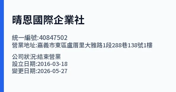 晴恩國際企業社的照片-統編 40847502(嘉義市) 公司登記資料與營業項目詳細圖表