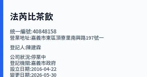 法芮比茶飲的照片-統編 40848158(嘉義市) 公司登記資料與營業項目詳細圖表