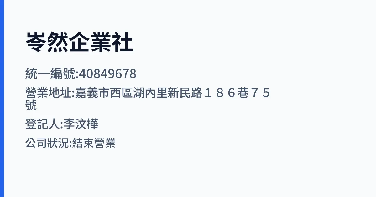岺然企業社 - 統編 40849678(嘉義市) 公司登記資料與營業項目詳細圖表