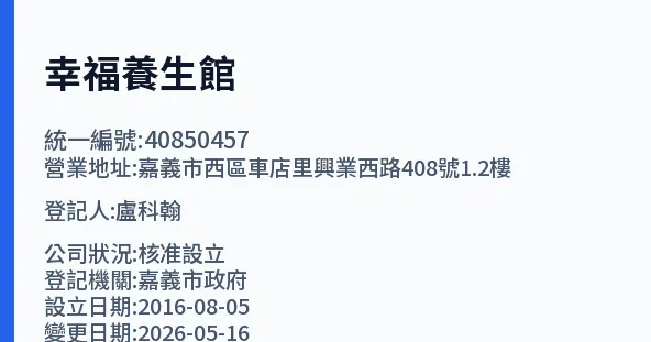幸福養生館的照片-統編 40850457(嘉義市) 公司登記資料與營業項目詳細圖表