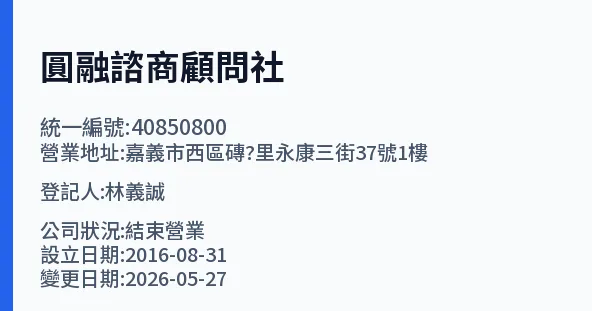 圓融諮商顧問社的照片-統編 40850800(嘉義市) 公司登記資料與營業項目詳細圖表