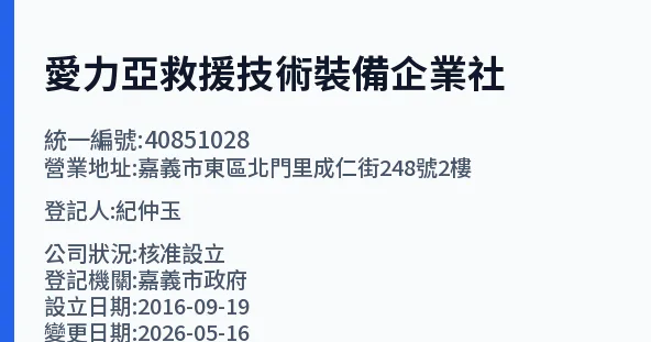 愛力亞救援技術裝備企業社的照片-統編 40851028(嘉義市) 公司登記資料與營業項目詳細圖表