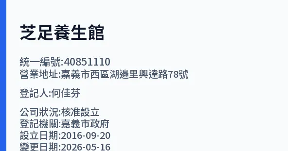 芝足養生館的照片-統編 40851110(嘉義市) 公司登記資料與營業項目詳細圖表