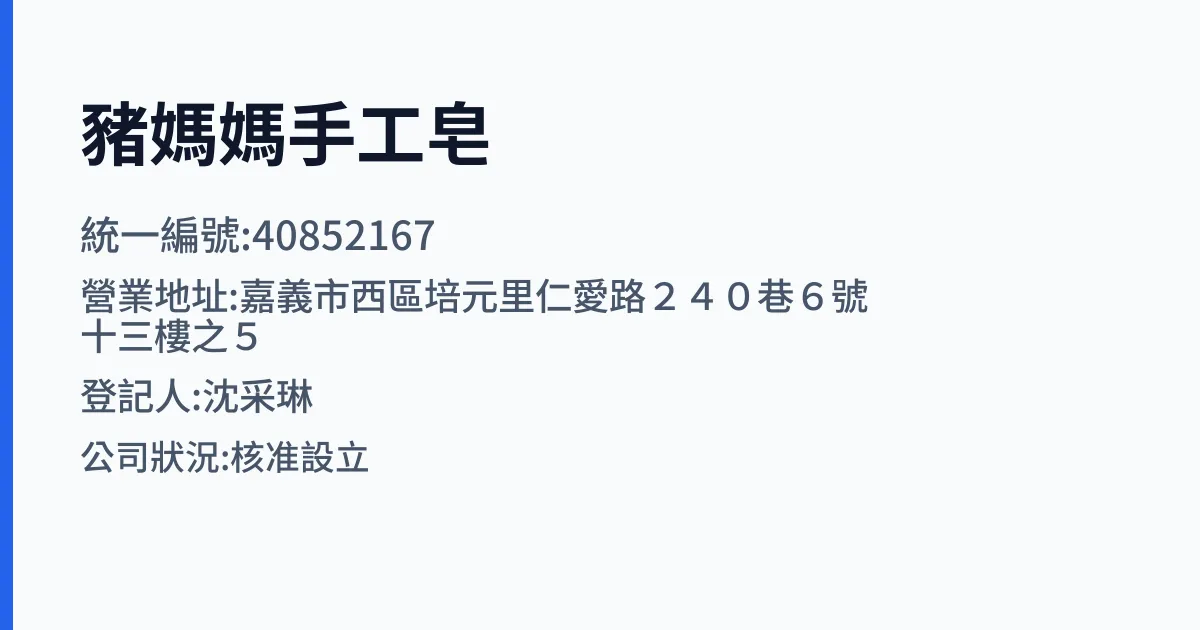 豬媽媽手工皂 - 統編 40852167(嘉義市) 公司登記資料與營業項目詳細圖表