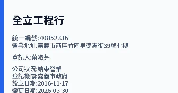全立工程行的照片-統編 40852336(嘉義市) 公司登記資料與營業項目詳細圖表