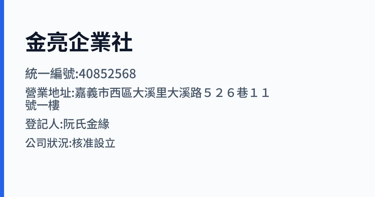 金亮企業社 - 統編 40852568(嘉義市) 公司登記資料與營業項目詳細圖表