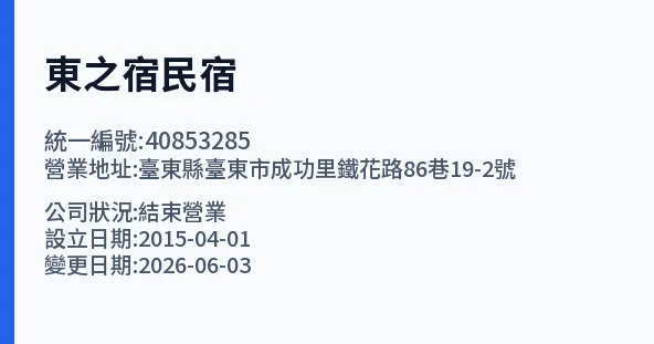 東之宿民宿的照片-統編 40853285(臺東縣) 公司登記資料與營業項目詳細圖表