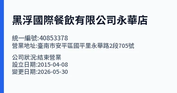 黑浮國際餐飲有限公司永華店的照片-統編 40853378(臺南市) 公司登記資料與營業項目詳細圖表