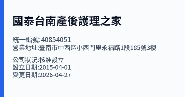 國泰台南產後護理之家的照片-統編 40854051(臺南市) 公司登記資料與營業項目詳細圖表