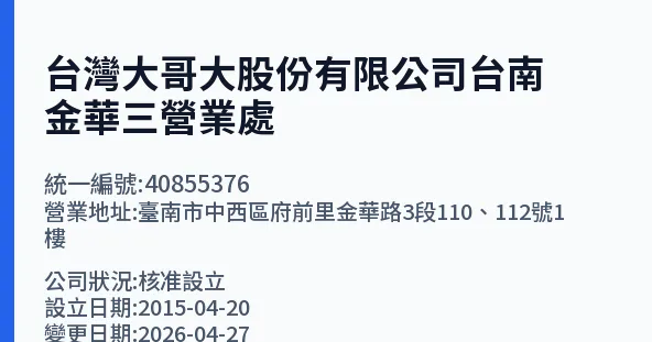 台灣大哥大股份有限公司台南金華三營業處的照片-統編 40855376(臺南市) 公司登記資料與營業項目詳細圖表