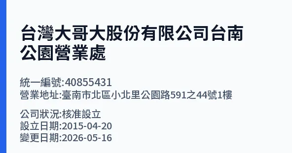 台灣大哥大股份有限公司台南公園營業處的照片-統編 40855431(臺南市) 公司登記資料與營業項目詳細圖表