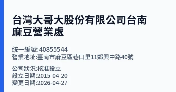 台灣大哥大股份有限公司台南麻豆營業處的照片-統編 40855544(臺南市) 公司登記資料與營業項目詳細圖表