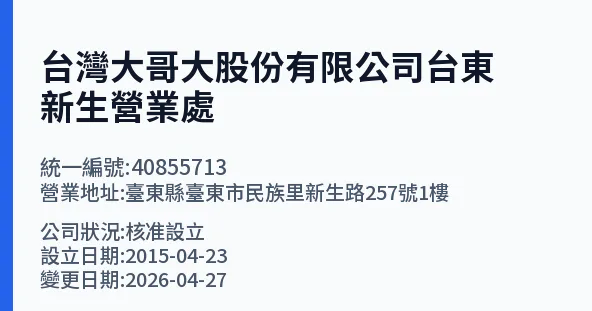 台灣大哥大股份有限公司台東新生營業處的照片-統編 40855713(臺東縣) 公司登記資料與營業項目詳細圖表