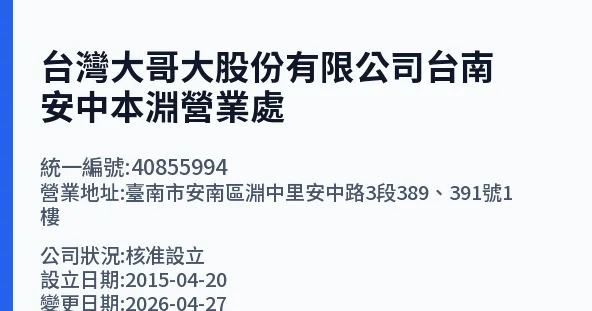 台灣大哥大股份有限公司台南安中本淵營業處的照片-統編 40855994(臺南市) 公司登記資料與營業項目詳細圖表