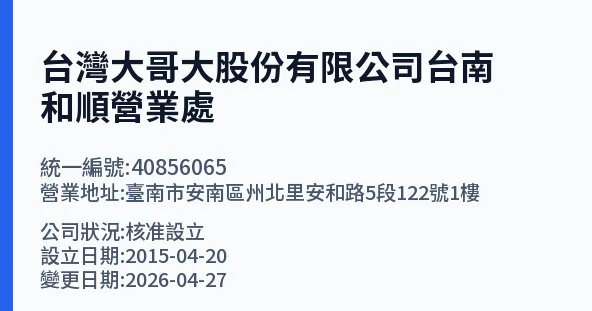台灣大哥大股份有限公司台南和順營業處的照片-統編 40856065(臺南市) 公司登記資料與營業項目詳細圖表