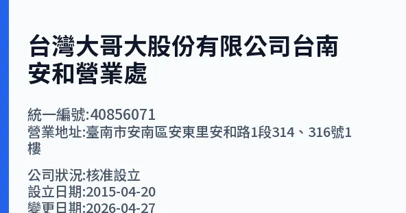 台灣大哥大股份有限公司台南安和營業處的照片-統編 40856071(臺南市) 公司登記資料與營業項目詳細圖表