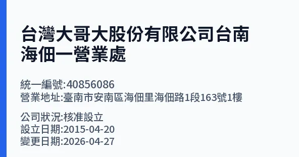 台灣大哥大股份有限公司台南海佃一營業處的照片-統編 40856086(臺南市) 公司登記資料與營業項目詳細圖表