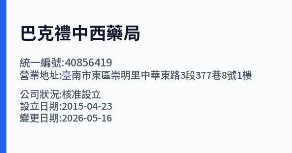 巴克禮中西藥局的照片-統編 40856419(臺南市) 公司登記資料與營業項目詳細圖表