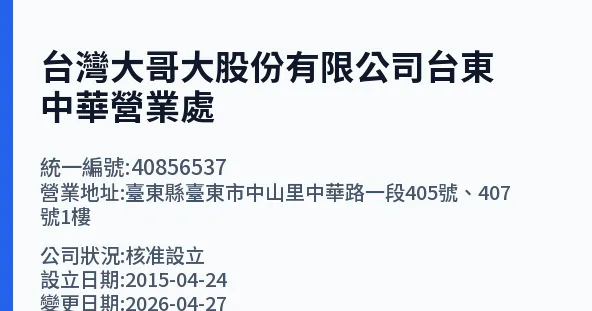 台灣大哥大股份有限公司台東中華營業處的照片-統編 40856537(臺東縣) 公司登記資料與營業項目詳細圖表