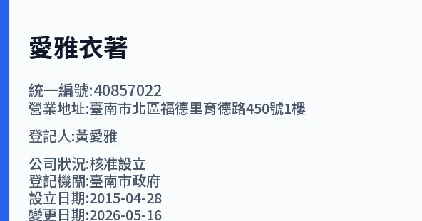 愛雅衣著的照片-統編 40857022(臺南市) 公司登記資料與營業項目詳細圖表