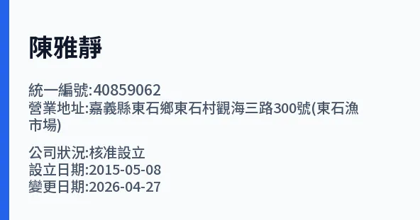 陳雅靜的照片-統編 40859062(嘉義縣) 公司登記資料與營業項目詳細圖表