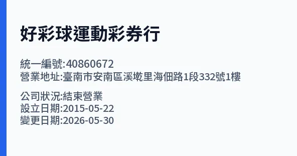 好彩球運動彩券行的照片-統編 40860672(臺南市) 公司登記資料與營業項目詳細圖表