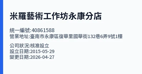 米羅藝術工作坊永康分店的照片-統編 40861588(臺南市) 公司登記資料與營業項目詳細圖表