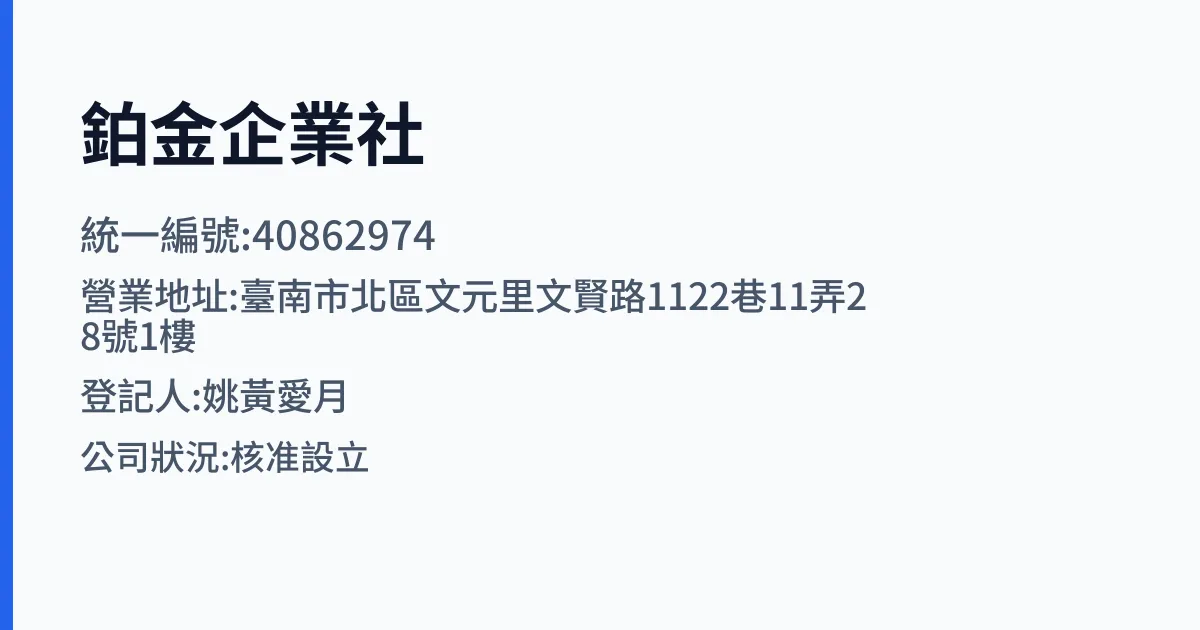鉑金企業社 - 統編 40862974(臺南市) 公司登記資料與營業項目詳細圖表