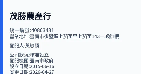 茂勝農產行的照片-統編 40863431(臺南市) 公司登記資料與營業項目詳細圖表