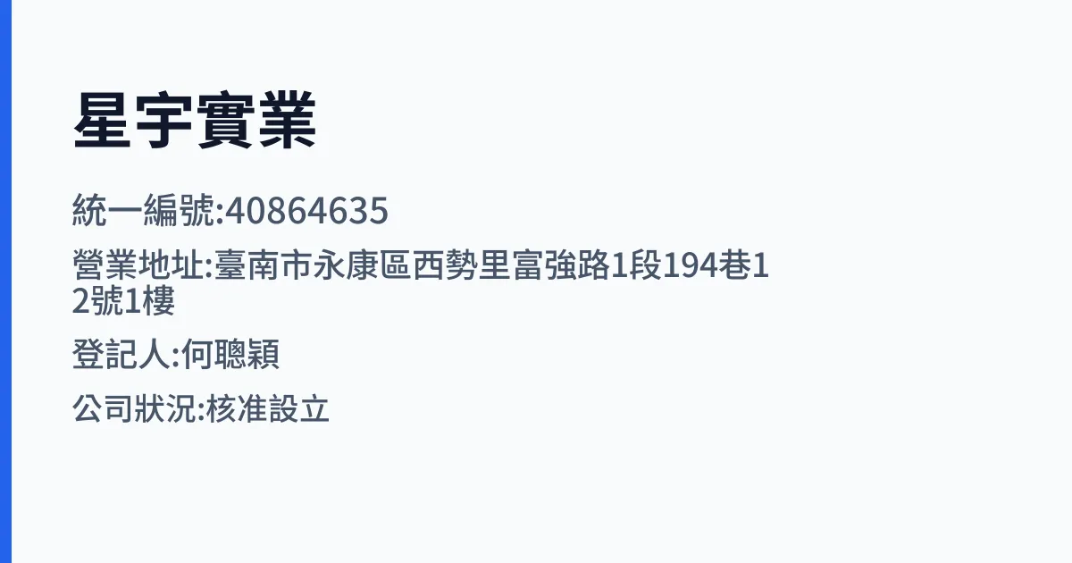 星宇實業 - 統編 40864635(臺南市) 公司登記資料與營業項目詳細圖表