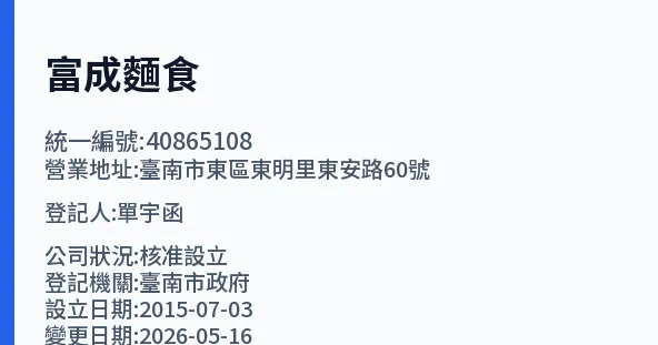 富成麵食的照片-統編 40865108(臺南市) 公司登記資料與營業項目詳細圖表